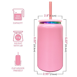 Glass Cups with Lids and Straws, 16 oz Stainless Steel Cups, Insulated Skinny Tumbler, Powder Coated Travel Mugs for Laser Engrave, Iced Coffee Cup for Smoothie Water DIY Gift (Pink,1 pack)