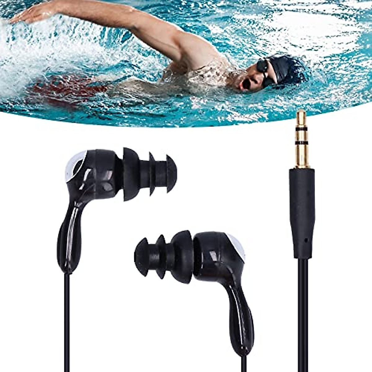 PUSOKEI Short Cord Waterproof Headphone, IP68 Waterproof Shortline in-Ear Tree Earplugs Waterproof Earphone Suitable Fit for Swimming Surfing Running(Black)