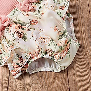 koramesis Baby Girl Outfits Set Toddler Ruffle Sleeve Lace Floral Romper with Denim Flared Jeans Outfits 3Pcs Clothes Set (Pink, 6-12 Months)