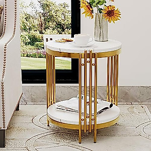 Aklaus Round End Table,Round Side Table with White Faux Marble Top,Bed Side Table/NightStand with Storage Shelves,Gold Side Table End Table Indoor for Living Room Bedroom Balcony SofaCouch Hall