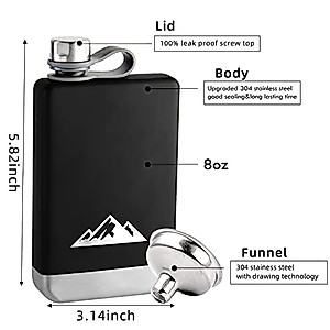 KWANITHINK Flask for Liquor for Men, Stainless Steel Camping Flask 8 oz with Funnel, Hip Flask Whiskey Flask with Integrated Steel Cap for Outdoor, Camping Hiking Climbing Exploration Black (8 oz)