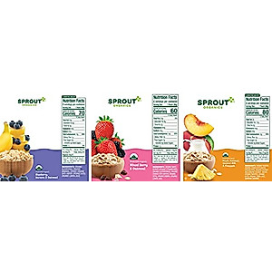Sprout Organics, Stage 2 Variety Pack, Blueberry Banana Oatmeal, Mixed Berry Oatmeal & Peach Oatmeal with Coconunt Milk, 6+ Month Pouches, 3.5 oz (18-count)