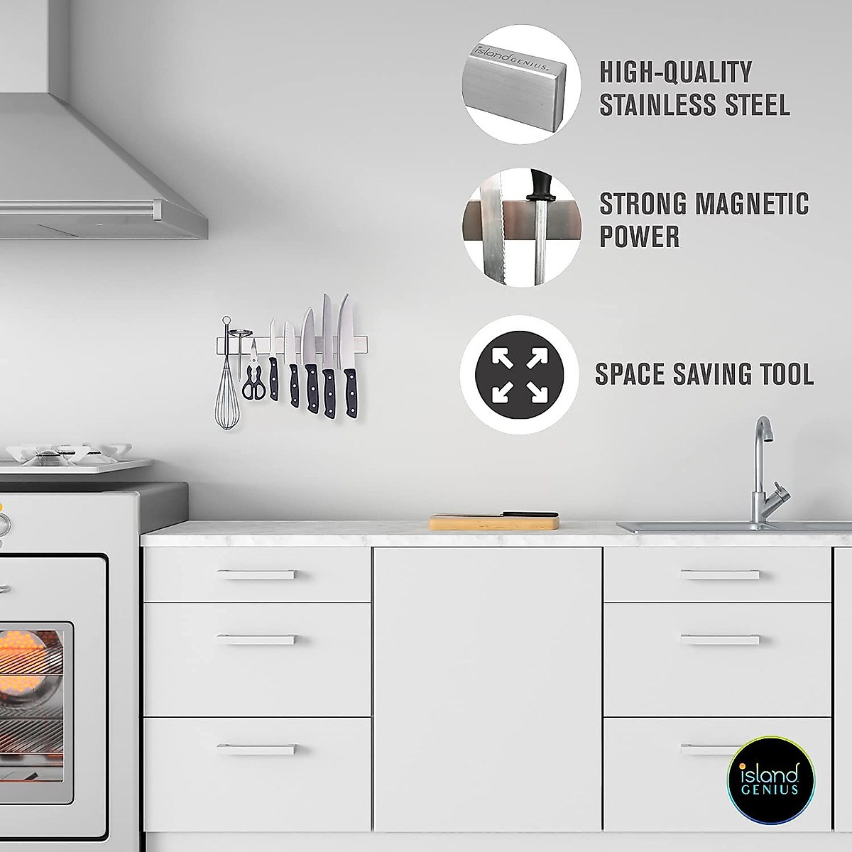 ﻿Island Genius 16 Inch Stainless Steel Magnetic Knife Holder Bar Strip for Wall - Kitchen Knife, Utensil and Tool Storage Organizer Magnet