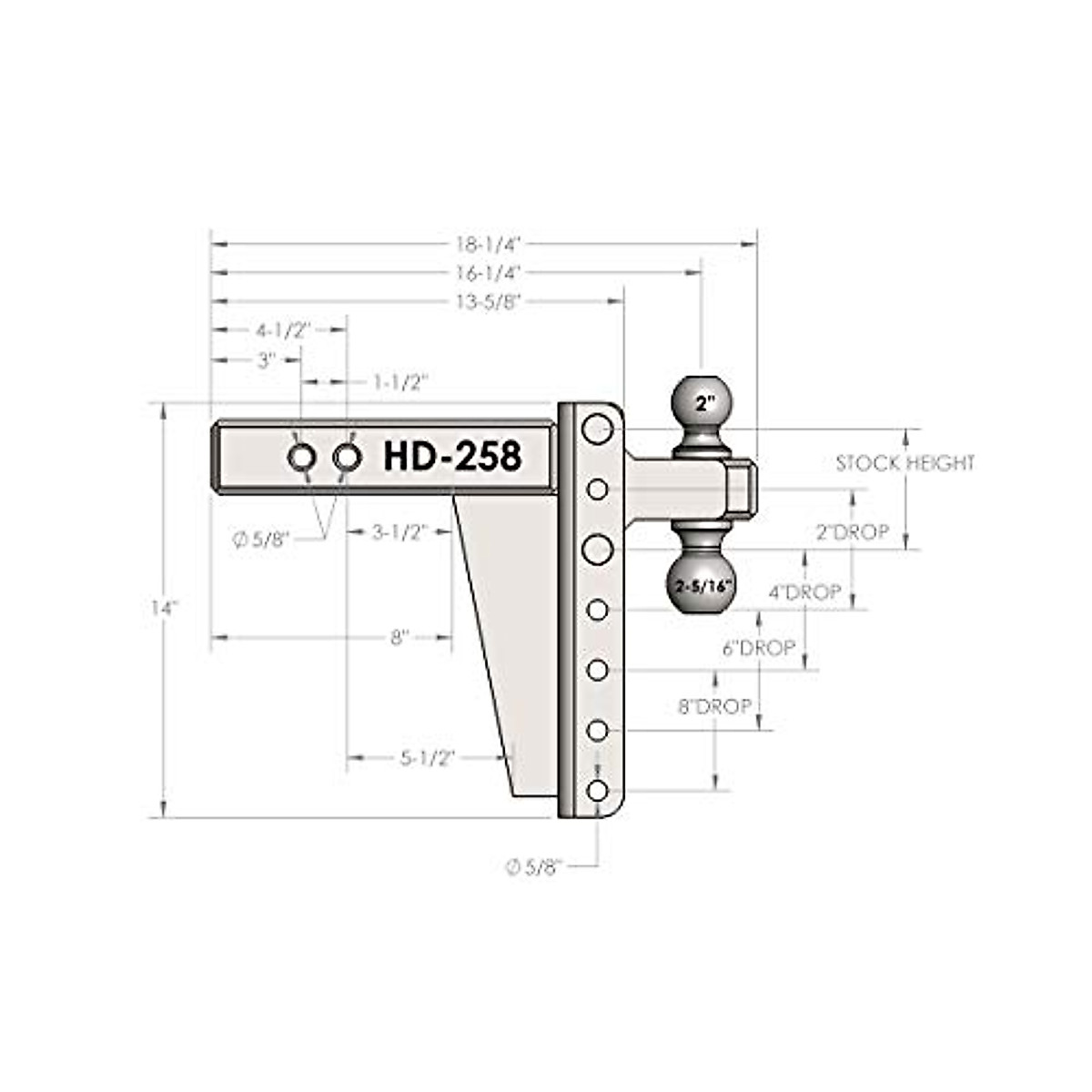 BulletProof Hitches 2.5" Adjustable Heavy Duty (22,000lb Rating) 8" Drop/Rise Trailer Hitch with 2" and 2 5/16" Dual Ball (Black Textured Powder Coat, Solid Steel)