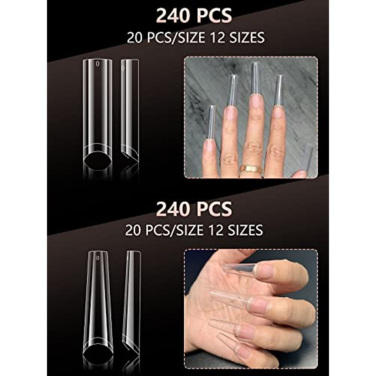 480Pcs Clear Nail Tips for Acrylic Nails Professional, XL Long C Curve Square & Coffin Nail Tips Set with 2 Nail Files, Half Cover Nail Extension Tips Artificial Acrylic Nail Tips for DIY Nail Art