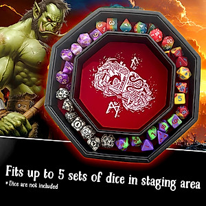 Fantasydice Red Fire Dragon Dice Tray with Lid – 9" Octagon with Dice Staging Area, Holds 5 Dice Sets – Perfect for D&D, Call of Cthulhu, Shadowrun, and All Tabletop RPGs
