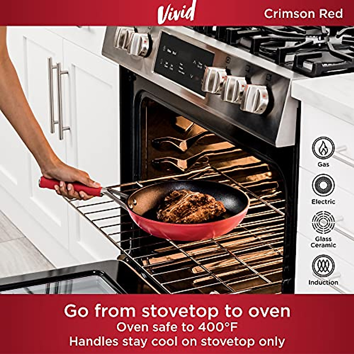 Ninja C29500 Foodi NeverStick Vivid 10-Piece Cookware Set with Lids, Nonstick, Durable & Oven Safe to 400°F, Cool-Touch Handles, Crimson Red