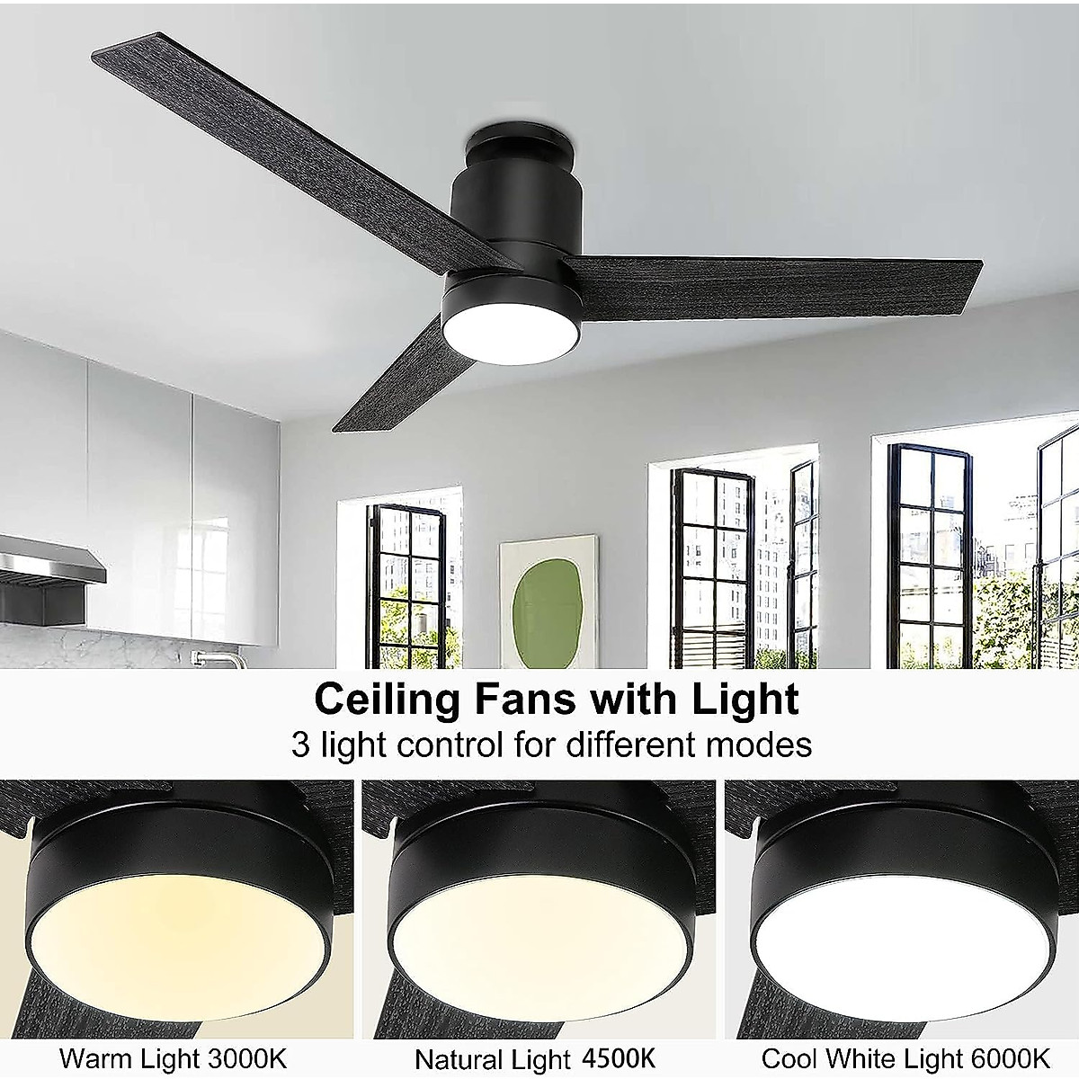 Flybull Ceiling Fans with Lights Flush Mount, 52 Inch Modern Black Ceiling Fan with Light and Remote Control - 3 Wood Blades LED Ceiling Fan Low Profile Ceiling Fan Light
