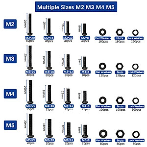 JROUTH 1840PCS Metric Screw Assortment Kit, M2 M3 M4 M5 Hex Button Head Cap Bolts and Nuts Kit, Grade 10.9 Alloy Steel Hex Socket Bolts Nuts Kit with Flat&Lock Washers&Hex Wrenches
