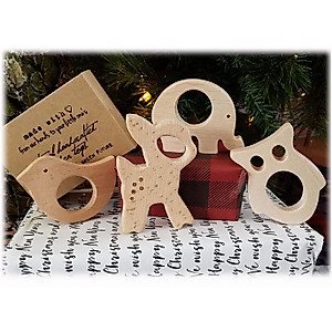 Natural wooden baby teether toys 4pk forest animal set and classic baby rattles, Fine motor Development and Sensory Skills Toy, Gender Neutral Handmade Wooden Toys