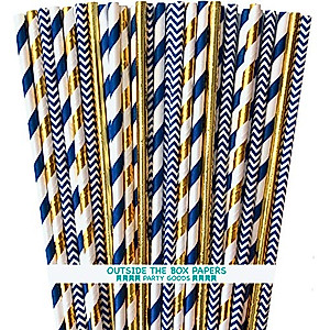 Navy Blue and Gold Foil Paper Straws - Stripe Chevron Solid - 100 Pack