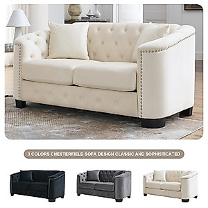 BUIORD 59" Modern Velvet Loveseat Chesterfield Sofa for Living Room,2-Seater Sofa,Upholstered Tufted Backrests with Nailhead Arms and 2 Cushions for Bedroom-Beige