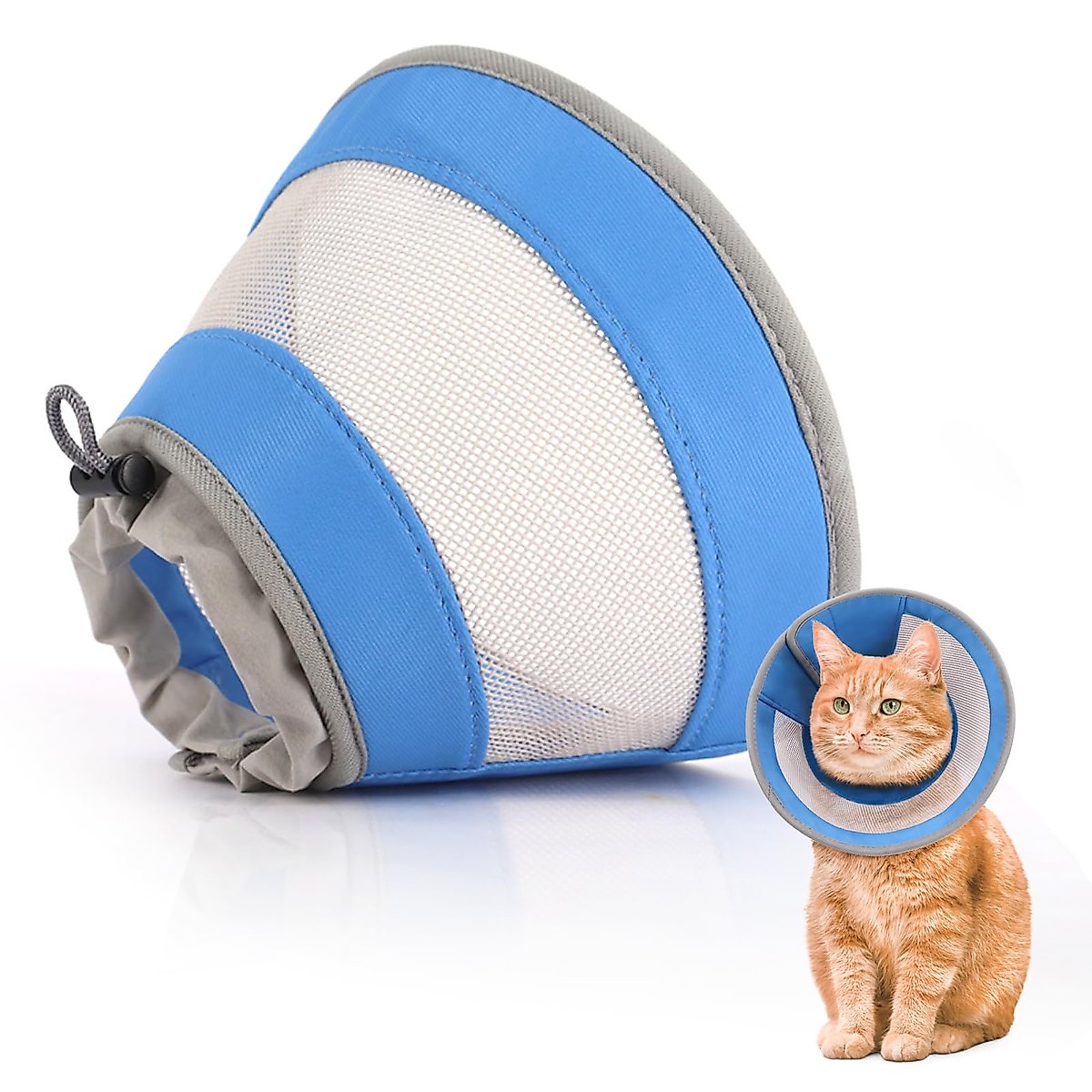 GoGoPaw Cat Cone, Breathable Cat Cone Collar Soft, Adjustable Cat Cone to Stop Licking, Water Resistant Neck Cone for Cats with Air Mesh, Protective Cat Recovery E Collar for Cat Kitten（Blue,S-2