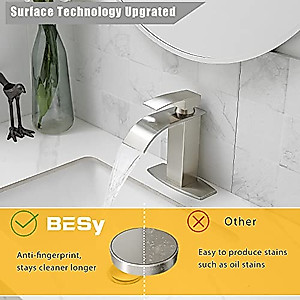 BESy Brushed Nickel Waterfall Spout Bathroom Faucet, Single Handle Bathroom Sink Faucet with Pop-up Drain, Rv Vanity Faucet with Deck Plate & Supply Hoses, Burshed Nickel, 1 or 3 Hole