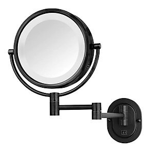 JERDON Wall-Mounted Black Makeup Mirror with LED Lighting - 5X-1X Magnification & 14” Extension - Direct Wire - Model HL65BKD