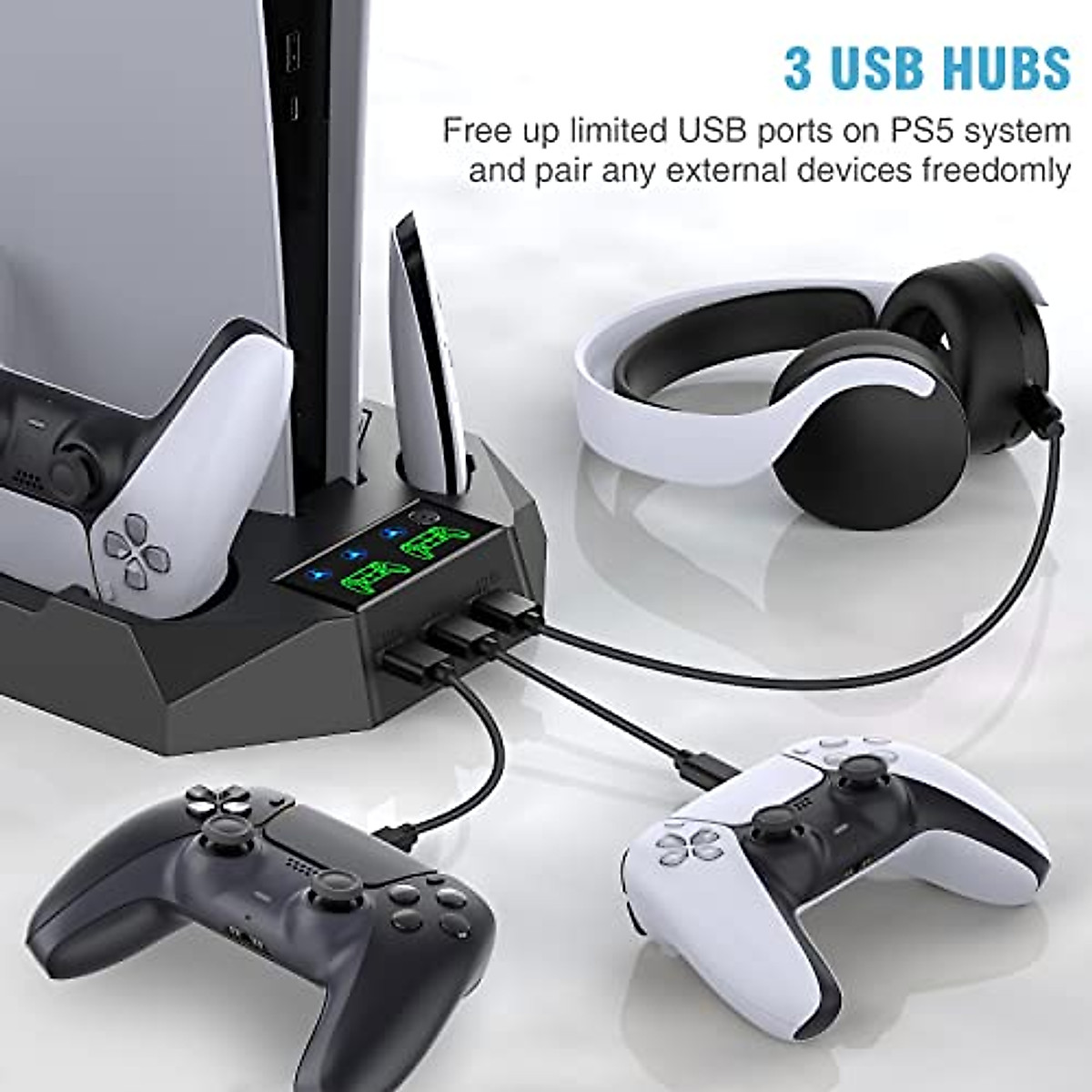 CYKOARMOR PS5 Stand with Cooling Station and Dual Controller Charging Station for PS5 Digital Edition, PS5 Disc Version, PS5 Cooling Fan with Headset Holder and 3 Adjustable Fan Speeds Black