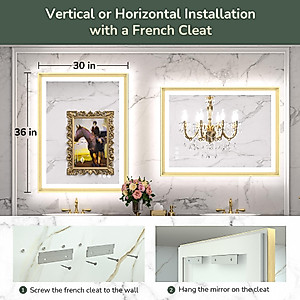 TokeShimi 30x36 Inch Gold Light up Bathroom Vanity Mirror with Front Lights and Backlit for Wall Aluminum Alloy Frame Rectangle Beveled Edge Tricolors Stepless Dimmable Anti-Fog Memory Function