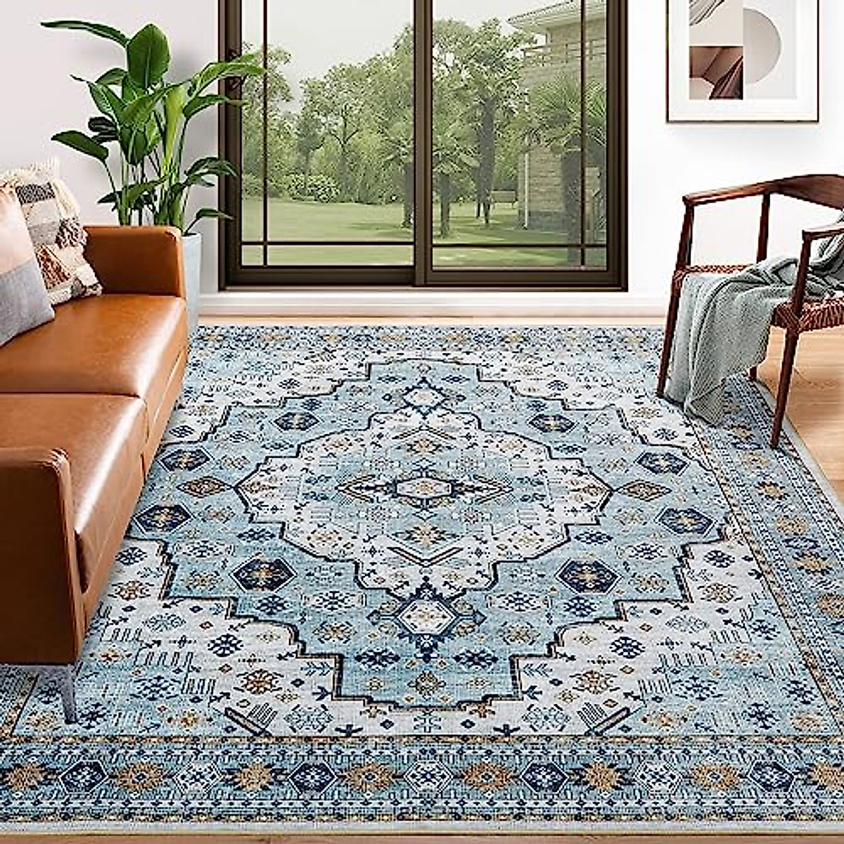 Washable Rug Living Room Rugs: 8x10 Area Rug Large Boho Medallion Distressed Carpets Indoor Soft Floor Anti Slip Carpet for Under Dining Table Bedroom Farmhouse Home Office - Cyan Blue/Beige