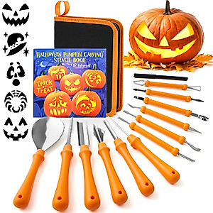 JOYIN 14 Pcs Halloween Pumpkin Carving Kit, Professional Carving Set with Handbag, 12 Stencils, Stainless Steel Double-side Sculpting Tools for Jack-o-Lantern DIY Kids Party Decoration Craft Supplies