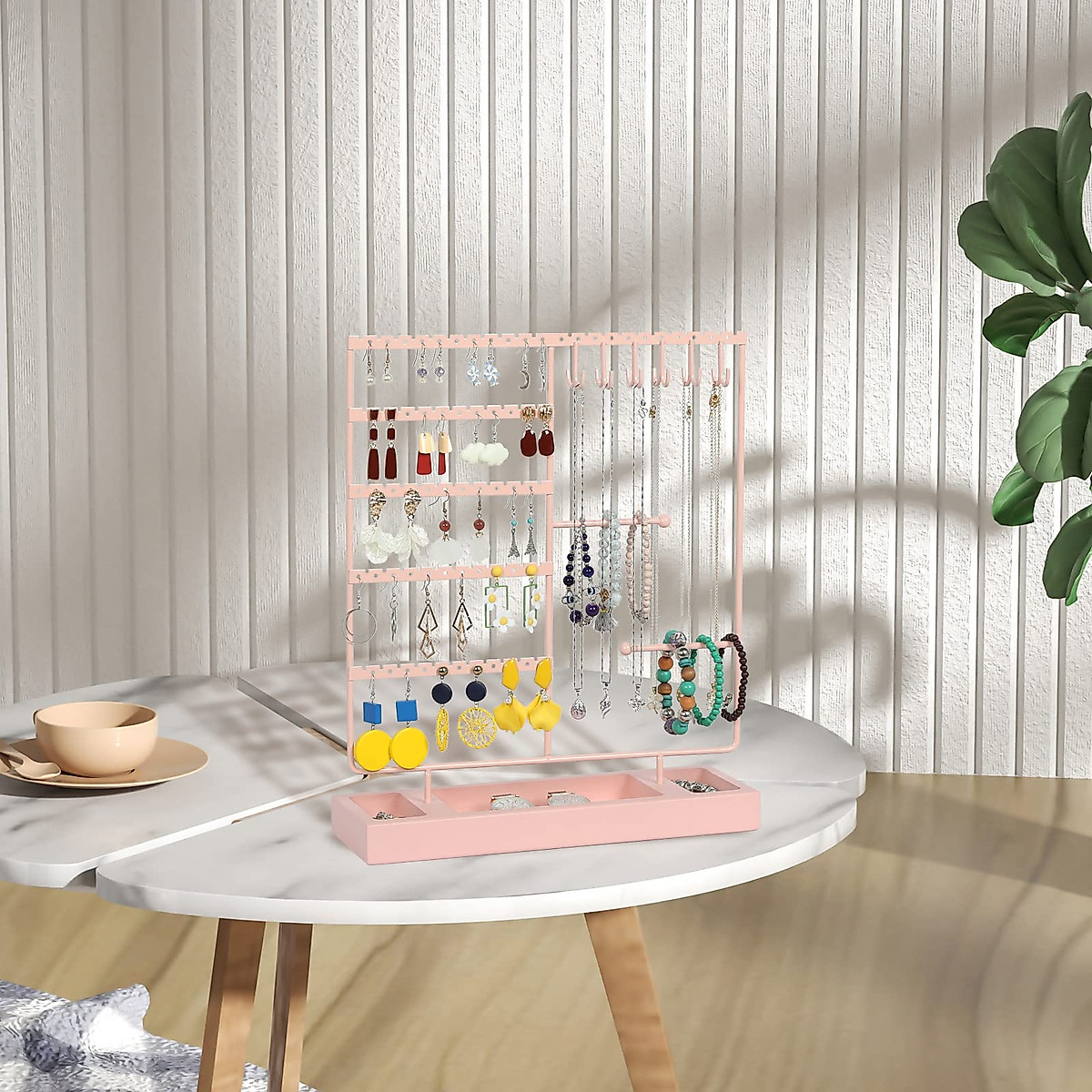 X-cosrack Earring Organizer Holder, 5-Tier Ear Stud Holder with Wooden Tray, Jewelry Towers for Earrings Necklaces Bracelets Watches and Rings,Earring Display Stand, Pink
