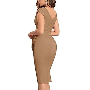 MUXXN Lady Summer Cut Out Neck Bowknot Tie Stretch Wear to Work Midi Dress (Camel XL)