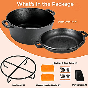 LIFERUN Dutch Oven Pot with Lid, 5.1 Quart Pot without Lid + 1.9 Quart Lid - Cast Iron Dutch Oven with Lid - Lid Doubles as Cast Iron Skillet - Silicone Handle Holders, Iron Stand - Use in the Oven, Stove, BBQ, Grill, Campfire