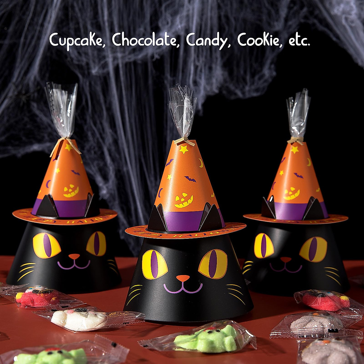 PARBEE Halloween Treat Boxes 20 Set Black Cat Candy Box with Cellophane Cookie Bags & Twist Ties, Trick or Treat Goodie Bags Halloween Party Tabeltop Centerpiece