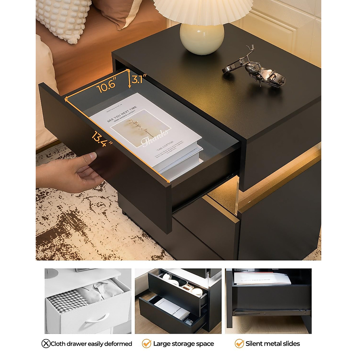 Bingoday Nightstands Set of 2 LED Tall Nightstand Set of 2 Modern LED Bedside Tables Set of 2 with 3 Drawers for Bedroom Living Room
