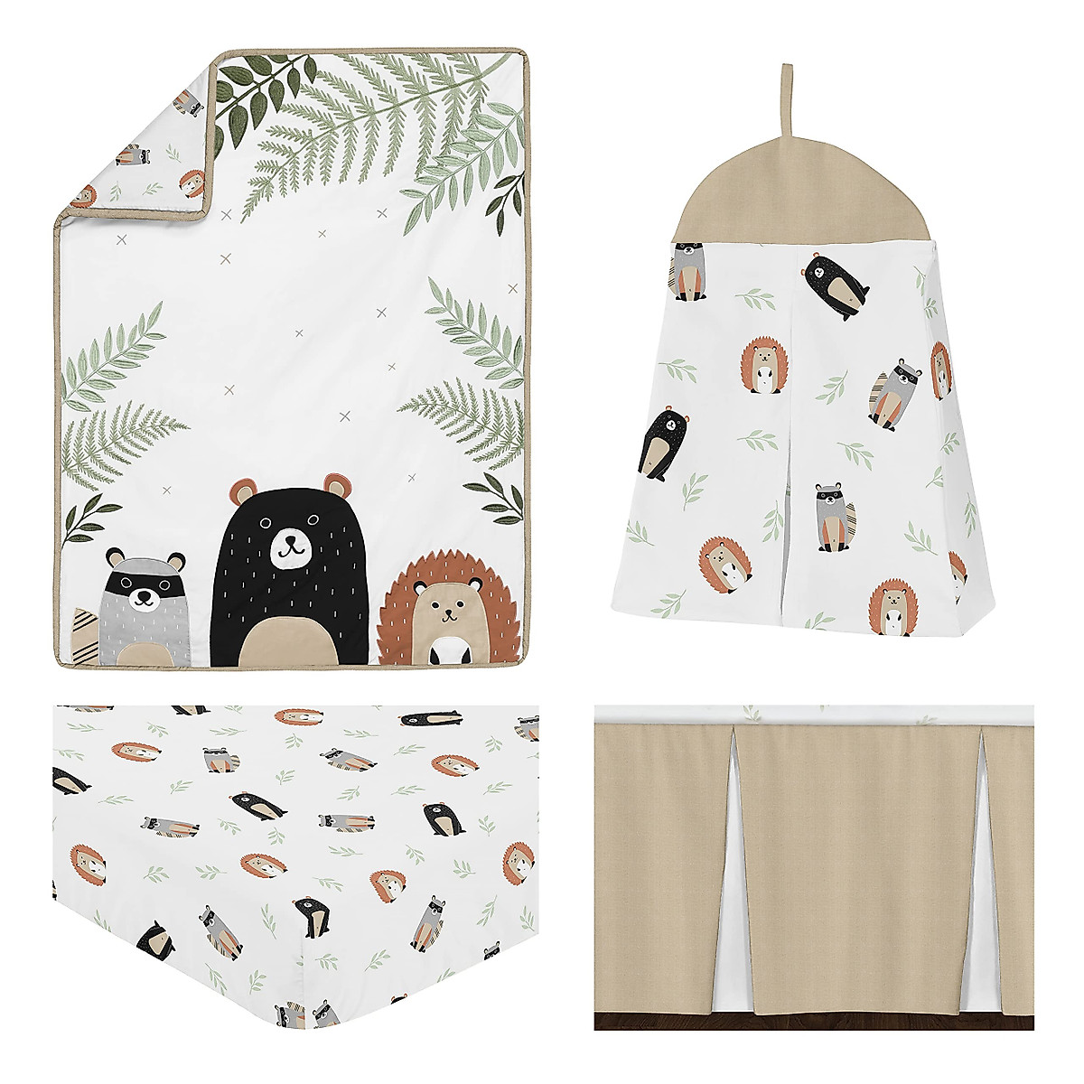 Sweet Jojo Designs Bear Raccoon Hedgehog Forest Animal Woodland Pals Baby Unisex Boy or Girl Nursery Crib Bedding Set - 4 Pieces - Neutral Beige, Green, Black and Grey