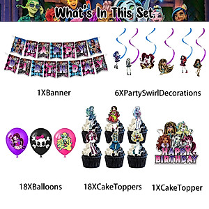 Monster Party Decorations,Birthday Party Supplies For Monster Girl Party Supplies Includes Banner - Cake Topper - 12 Cupcake Toppers - 18 Balloons- 6 Hanging Swirls