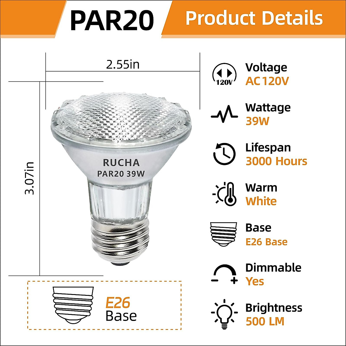 PAR20 Halogen Buld, 120V 39W Dimmable PAR20 Reflector Flood Light Bulds with E26 Base, for Range Hood Light Bulbs, Track Light Bulbs, Oven Light Bulb, Ceiling Can Lamp, 2 Pack