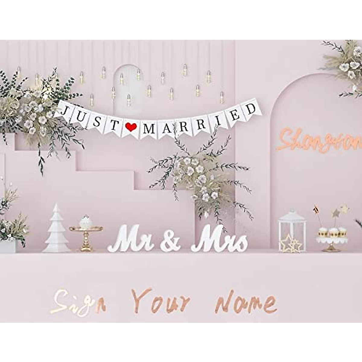 VIOPVERY Wedding Decorations Set,Large Mr and Mrs Sign & Just Married Banner,Mr & Mrs Signs for Wedding Table,Wooden Letters Sweetheart Table,Photo Props Wedding Decorations for Anniversary,White