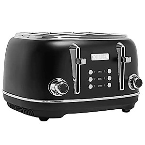 Haden Heritage 4-Slice Wide Slot Retro Toaster with Automatic Self-Center, Adjustable Settings, Reheat/Defrost, & Removable Crumb Tray, Black/Chrome