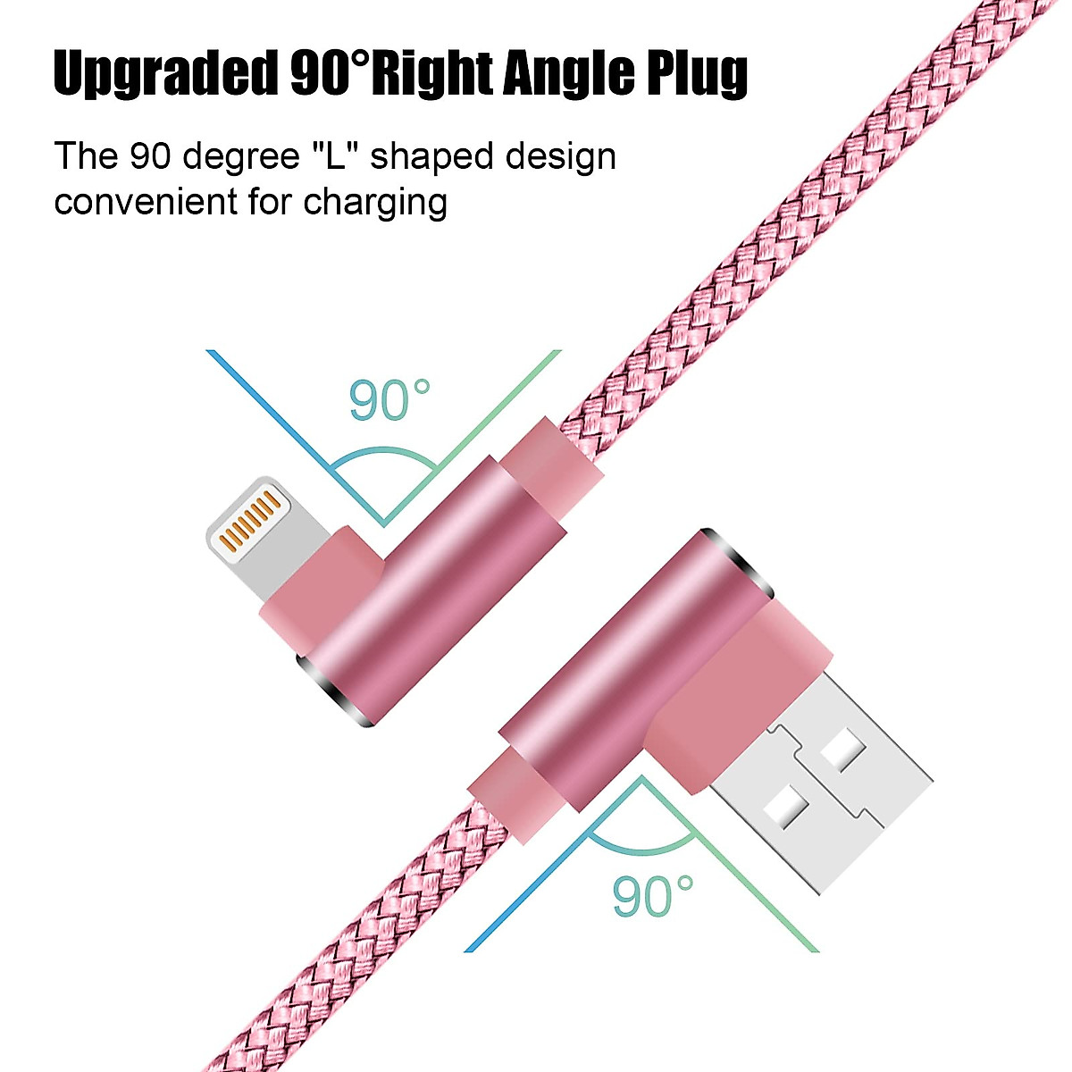 finekeep iPhone Charger Cord 3 FT, MFi Certified iPhone Charger Cable Short Lightning Cable 90 Degree Fast Data Cable Nylon Charging & Syncing Cord for iPad/iPhone13/12/11/XR/XS/Max/X(Pink), 3FT