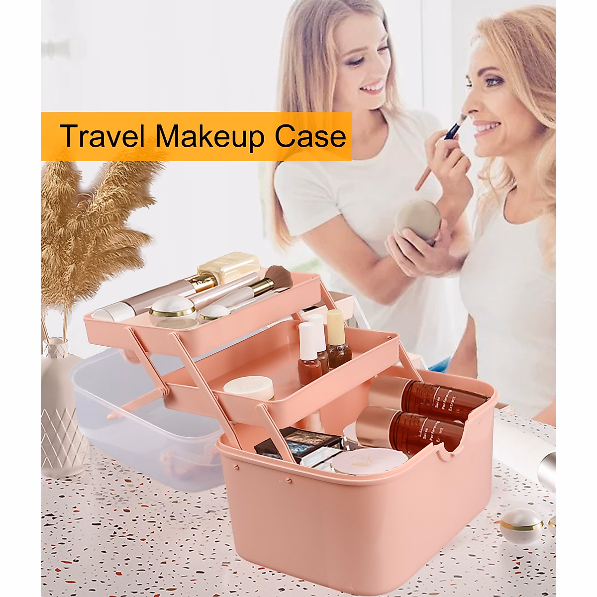 Qudqju Craft Box Organizer Pink Tackle Box Art Storage Box with Handle Sewing Box Organizer First Aid Box Girls Tackle Box Hair Accessories Organizer Travel Makeup Case 3-Layer Crafting Box