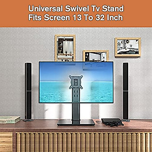 Universal Swivel TV Stand/Base Table Top TV Stand for 13 to 32 inch TVs with 100 Degree Swivel, 4 Level Height Adjustable, Heavy Duty Tempered Glass Base, Holds up to 77lbs, HT07B-001