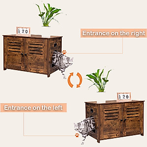 DINZI LVJ Litter Box Enclosure, Cat Litter House with Louvered Doors, Entrance Can Be on Left or Right Side, Spacious Hidden Washroom for Most of Litter Box, Cat Furniture Cabinet, Rustic Brown