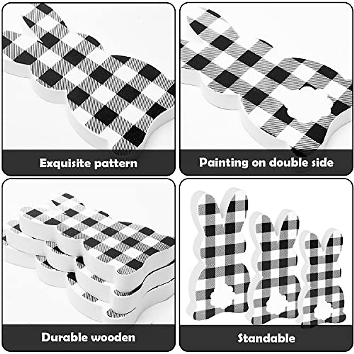 WATINC 3Pcs Easter Bunny Buffalo Plaid Tiered Tray Table Wooden Sign, Black White Wood Tabletop Decoration Farmhouse, Double Printed Freestanding Decor for Easter Room Office Party Desk Photo Prop