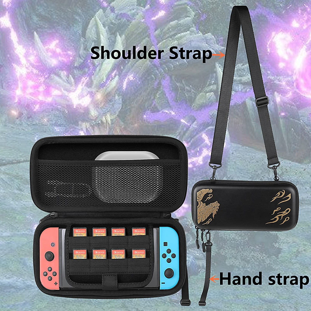 Flyekist Carrying Case for Nintendo Switch Lite - Monster Hunter Rise Theme - Portable Travel Protective Hard Storage Bag Soft Lining with 8 Game Card Slots for Switch Lite & Accessories