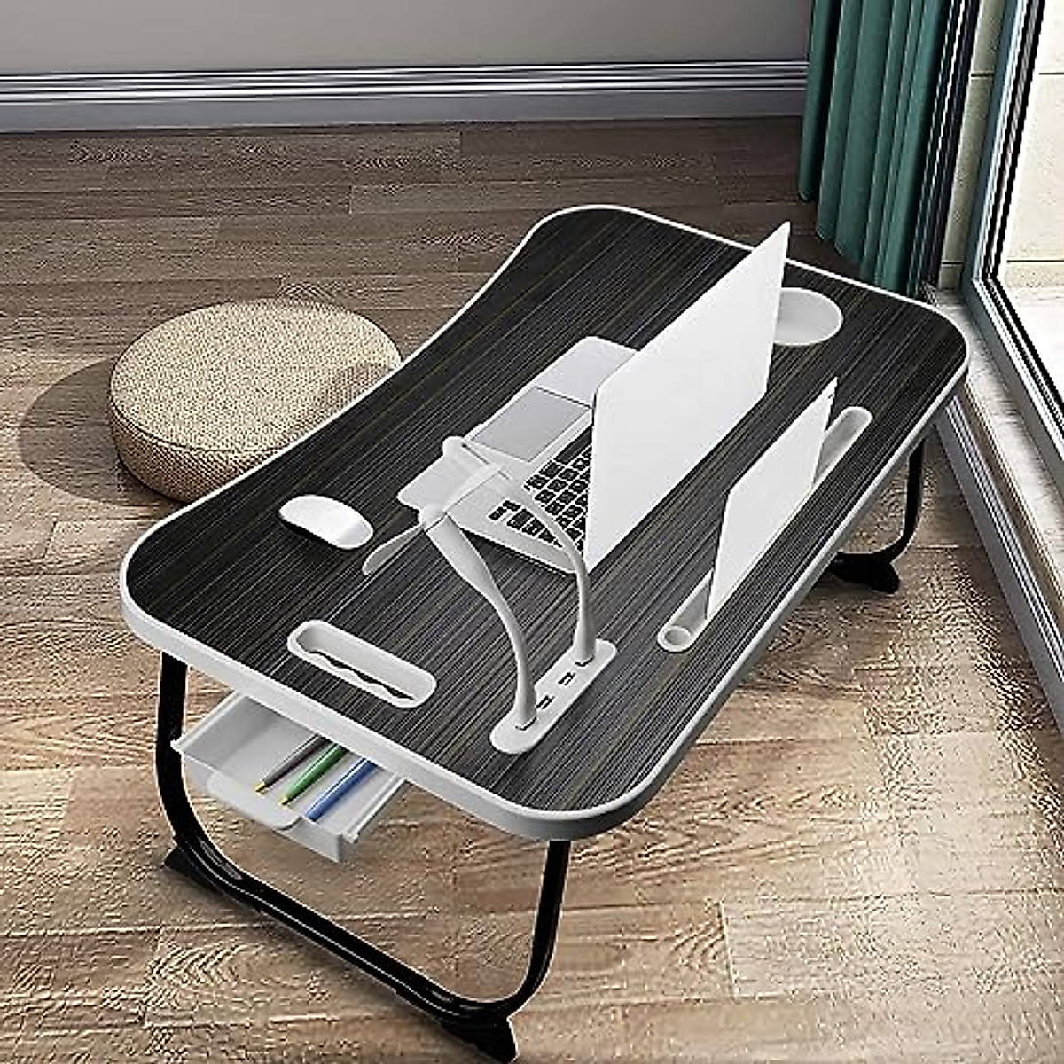 Bed Desk,Lap Table Tray with USB Charge Port,Cup Holder and Storage Drawer,Portable Laptop Stand for Sofa Floor Working Writing Reading (Black)