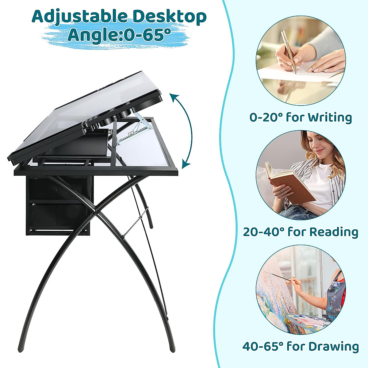 Clevich Glass Tabletop Drafting Table, Drawing Desk w/2 Drawers and Side Tray, 0-65°Angle Adjustable Versatile Art Craft Station, Craft Table w/Sturdy Metal Frame, for Artists Painters Student