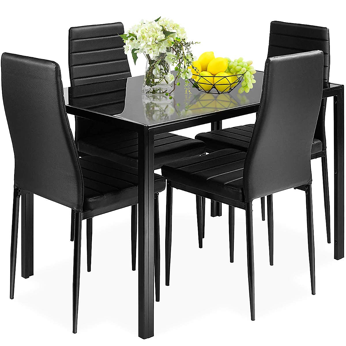 Giantex 5 Pcs Dining Table Set for 4, Modern Glass Tabletop Kitchen Table and Chairs, Rectangular Metal Frame Table with Leather Padded 4 Seats for Small Spaces Apartment