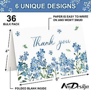 AnyDesign 36 Pack Blue Floral Thank You Cards Bulk Forget-Me-Not Myosotis Sylvatica Flower Greeting Cards with Envelope Sticker Thank You Note Cards for Wedding Birthday Baby Shower Bridal Party