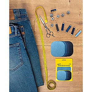 ZEFFFKA Premium Quality Denim Iron-on Jean Patches Inside & Outside Strongest Glue 100% Cotton Assorted Shades of Blue Black Repair Decorating Kit 10 Pieces Size 4-1/4" by 3-3/4" (9.8 cm x 10.8 cm)