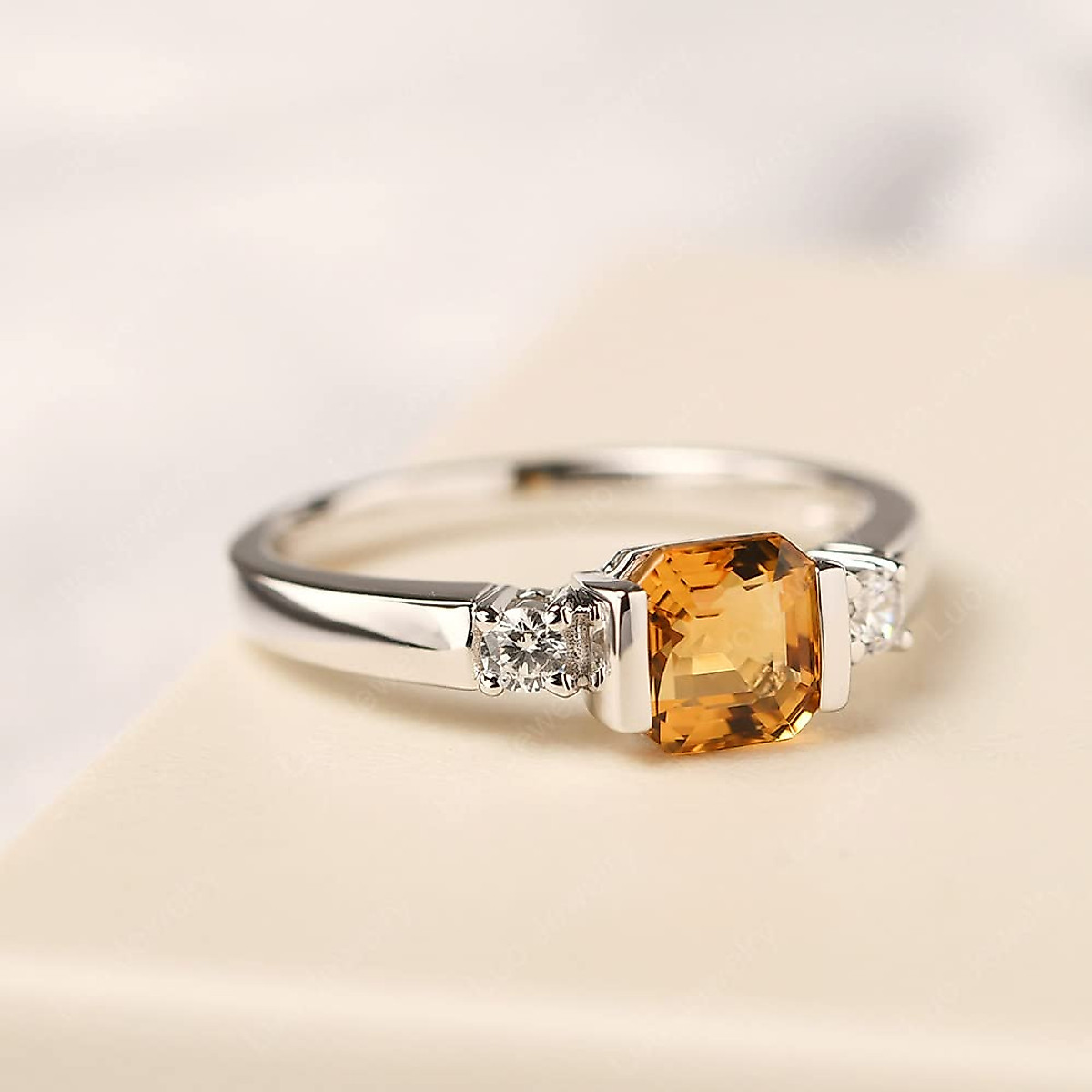 LUO Asscher Cut 1.1 Carat Citrine Ring S925 Sterling Silver Simple Promise Ring November Birthstone Ring US Size 8