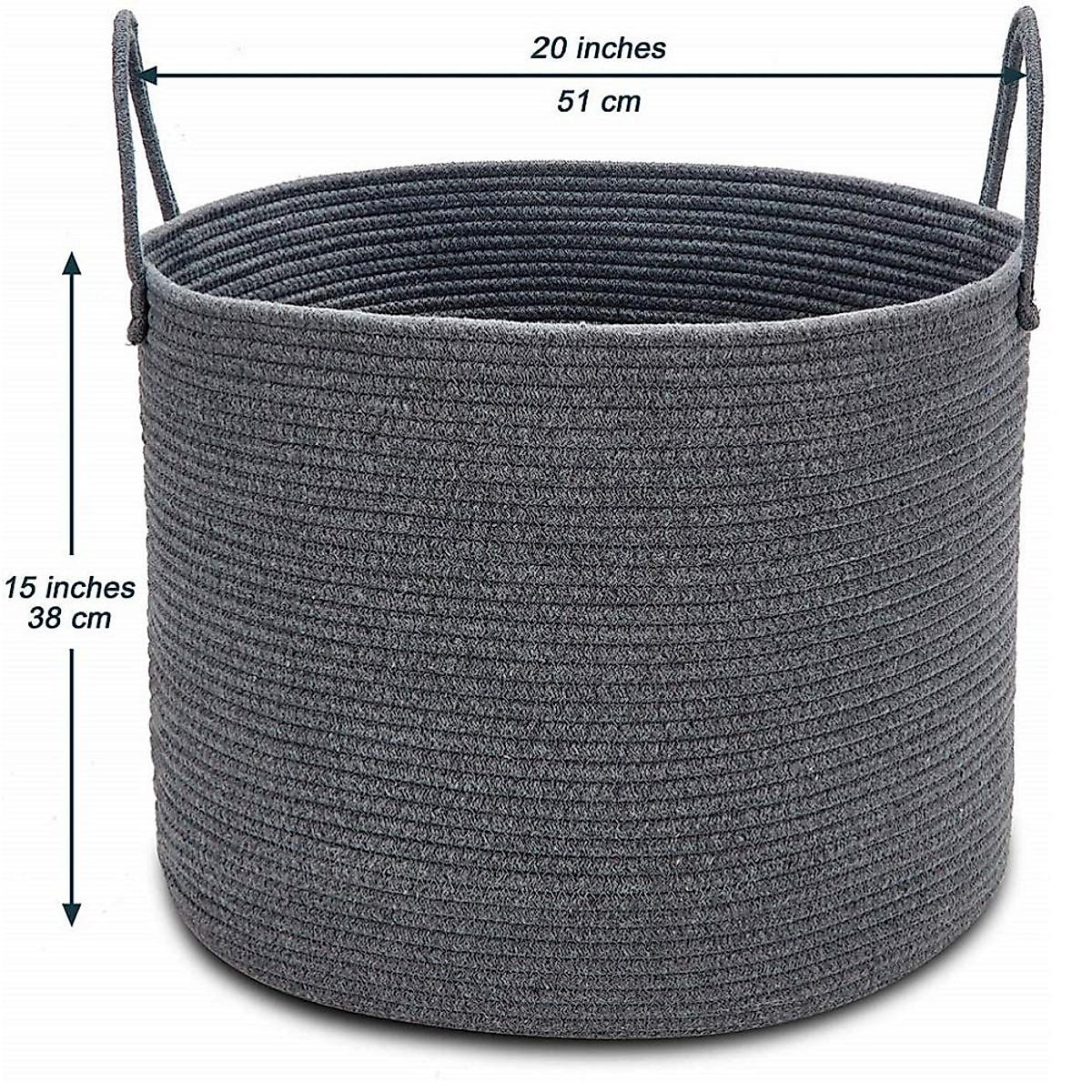 XXL Cotton Rope Basket, 20'' x 15" Woven Laundry Basket with Long Handles, Baby Kids Dogs Toy Bins Storage, Decorative Blanket Baskets in Living Room (Full Dark Gray)