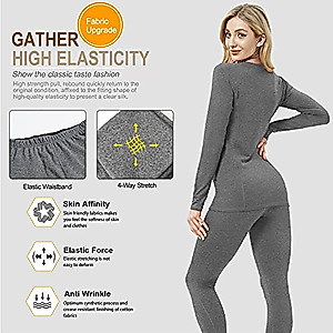 MeetHoo Thermal Underwear for Women, Winter Warm Base Layer Compression Set, Fleece Lined Long Johns Running Skiing Gray