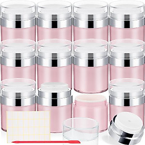 Zhehao 12 Pcs 1 Oz/ 30 ml Airless Pump Jar with Stickers Silicone Spatula Set Refillable Cream Jar Vacuum Bottle Dispenser Portable Empty Cosmetic Container Travel Size Lotion Sample Pot, Pink