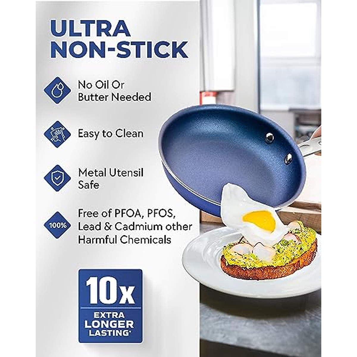 Granitestone Blue 8 Inch Non Stick Frying Pan Nonstick Pan with Mineral/Diamond Coating for Long Lasting Nonstick Frying Pan Skillet for Cooking with Stay Cool Handle, Oven/Dishwasher Safe, Non Toxic