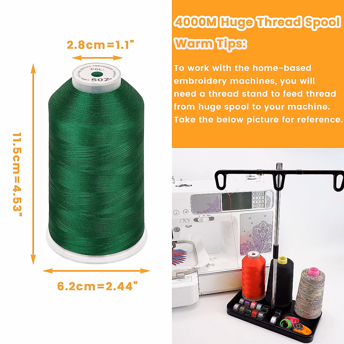 New brothread - Single Huge Spool 4000M Each Polyester Embroidery Machine Thread 40WT for Commercial and Domestic Machines - Emerald Green